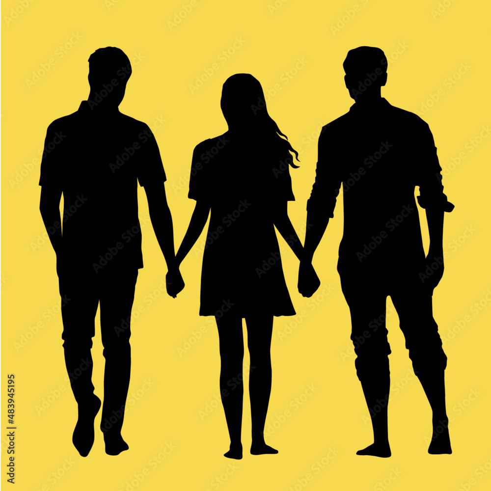 Zwei Männer und eine Frau, drei Silhouetten vor gelben Hintergrund ...