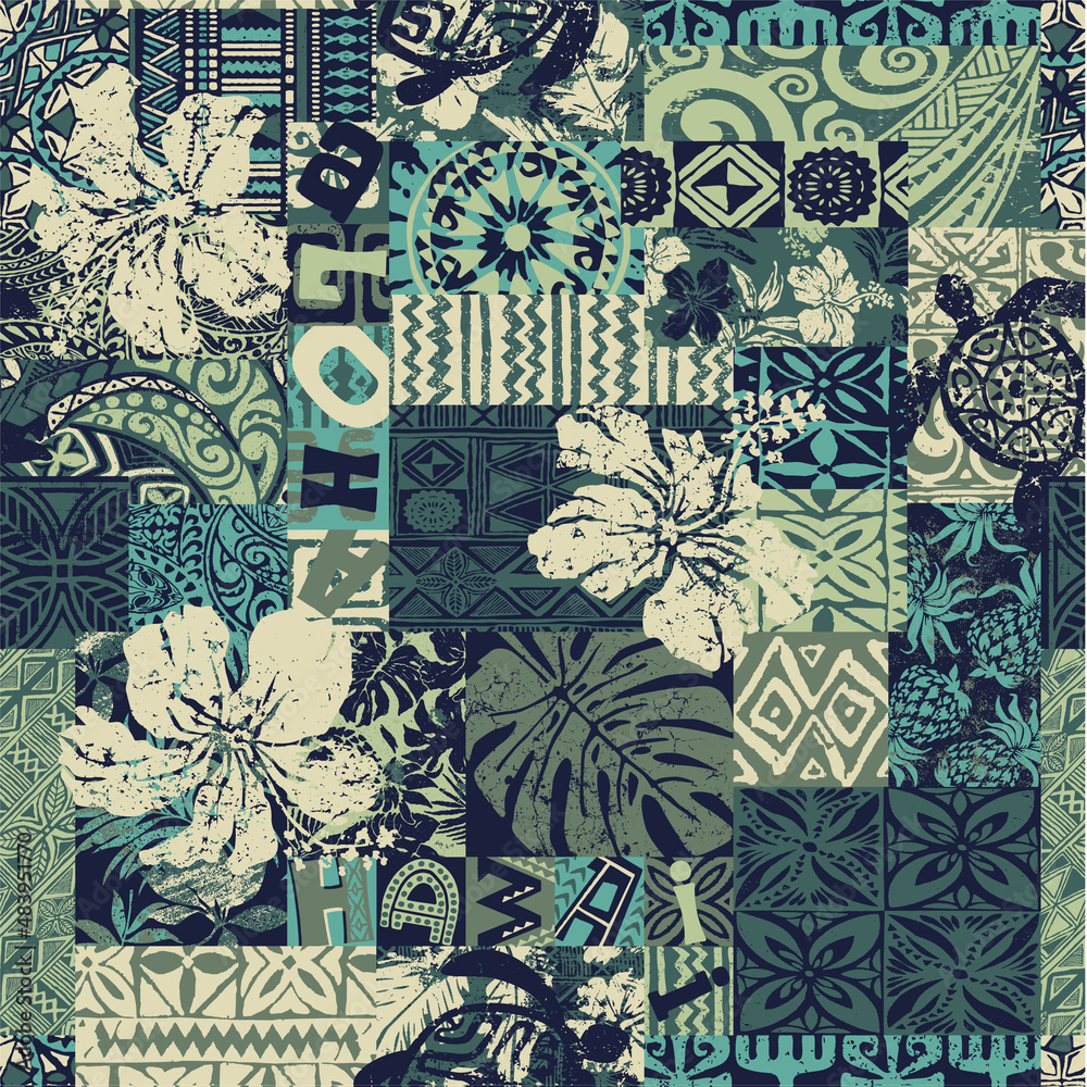 Hawaiian hibiscus and tribal element fabric patchwork abstract vintage ...