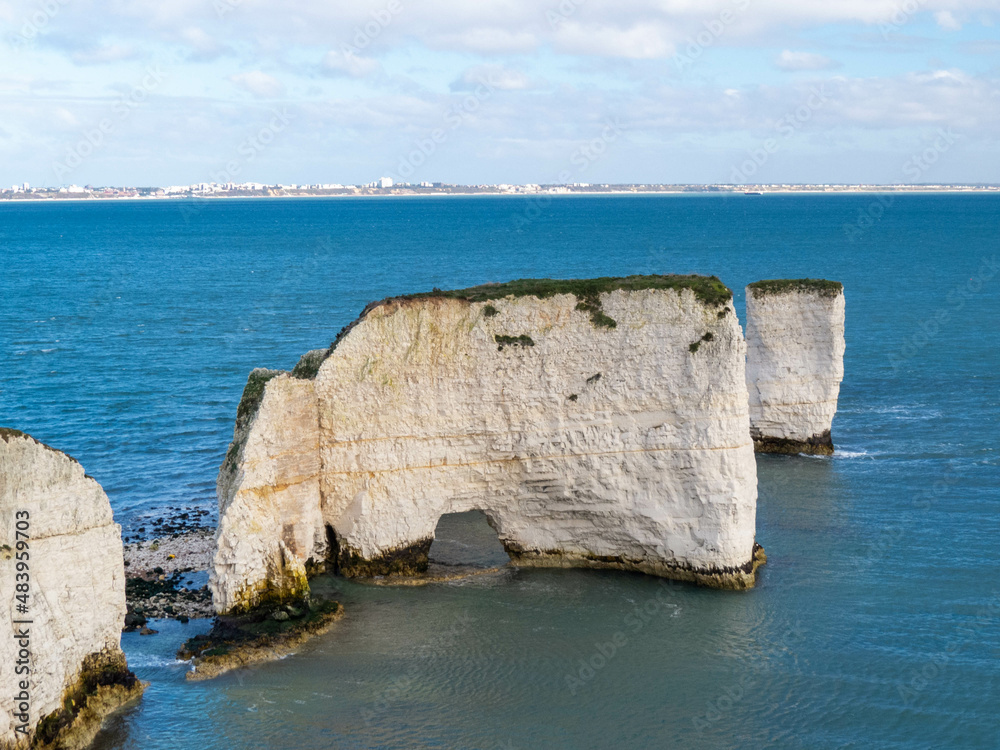 Old Harry Rocks standing tall on Handfast Point at the southern end of ...