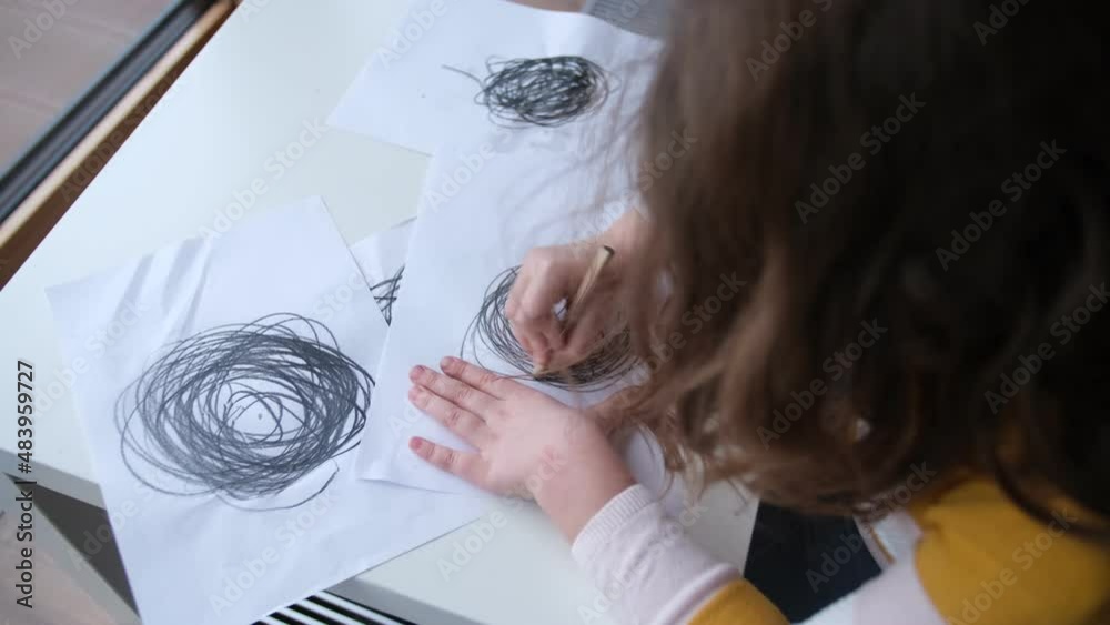 Young Troubled Caucasian Kid Child Girl Drawing Disturbing Chaotic ...