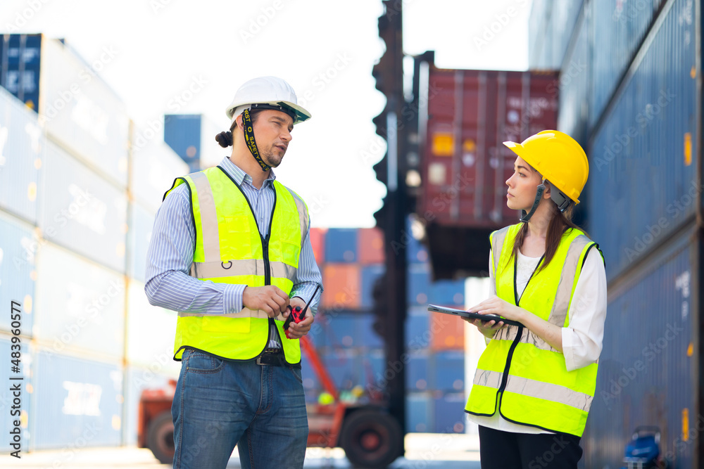 Man manager and woman Supervisor dock cargo checking and control ...