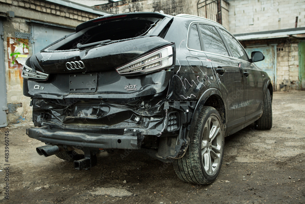 AUDI Q3 in black after an accident. Accident hit from behind with ...