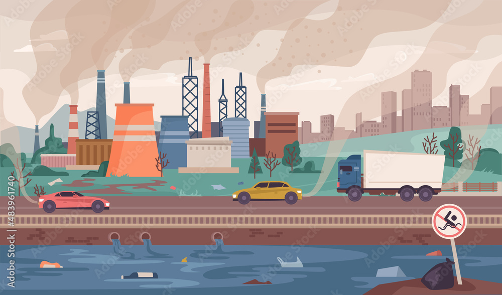 Dirty and polluted city, unhealthy and harmful environment. Vector ...