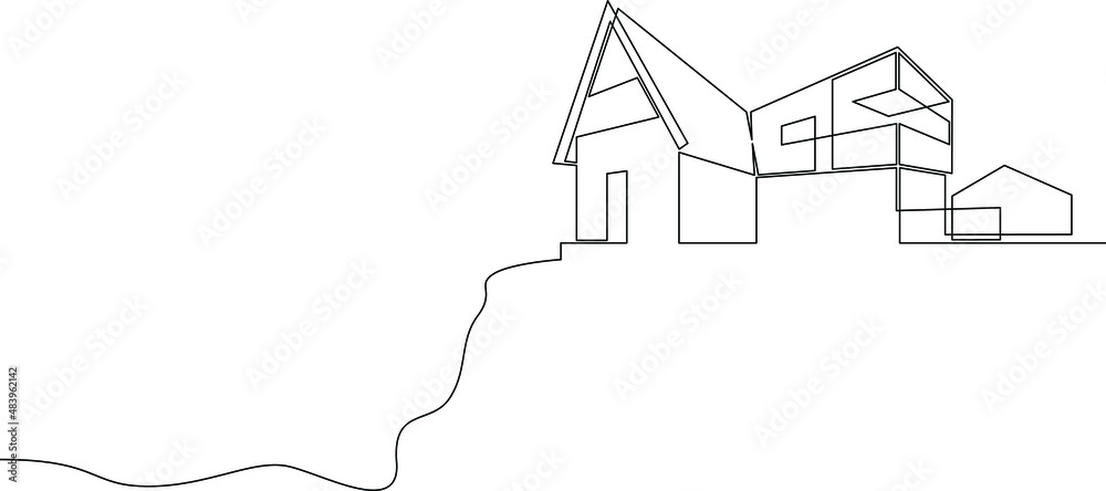One continuous line.Modern minimalist home. Residential country house ...