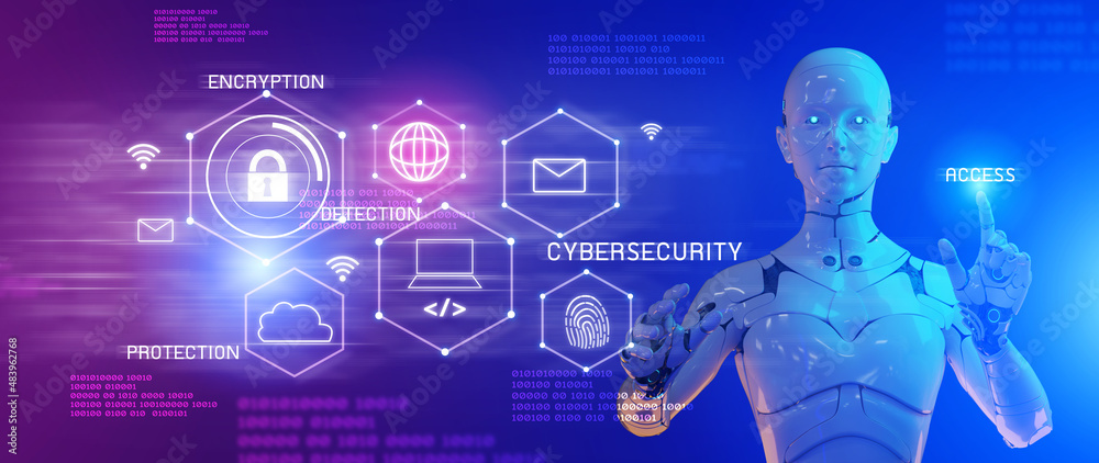 Cybersecurity, internet scam, cybercrime, 3D robot with graphic symbol ...