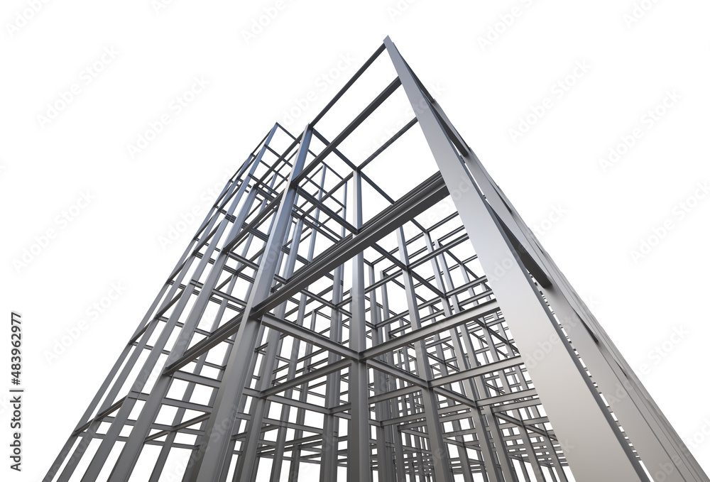 steel structure of steel beams, site under construction seen from below ...