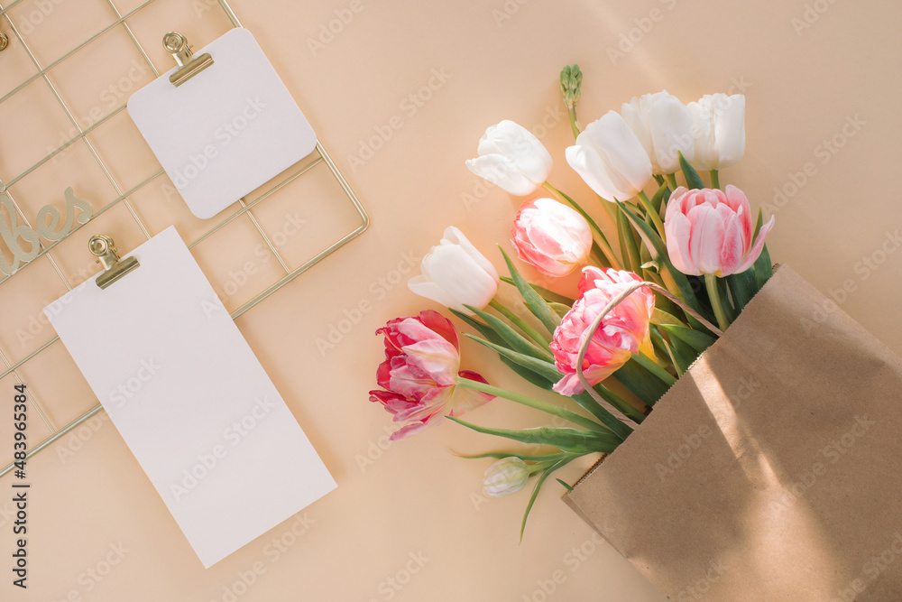 Creative layout with mood board, paper sheets mock up, bunch of spring ...