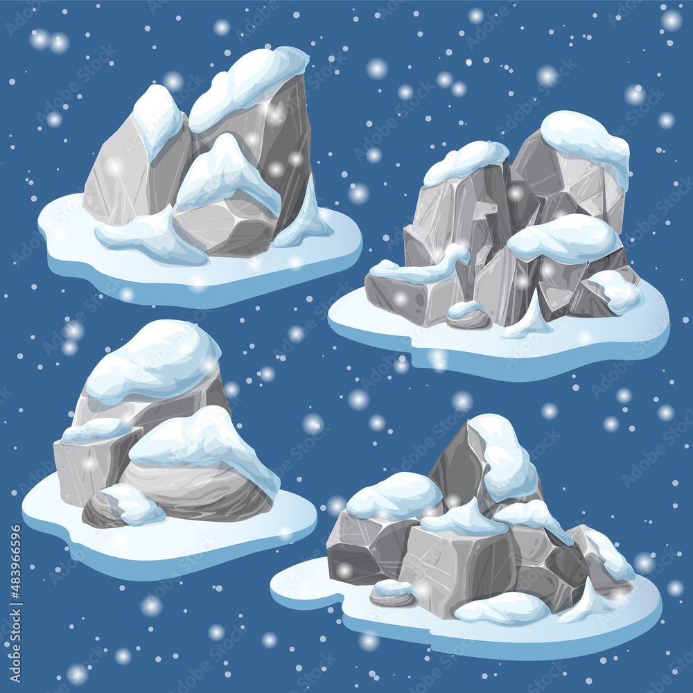 Gray stones or rocks in snow. pile of rubble and debris of the mountain ...