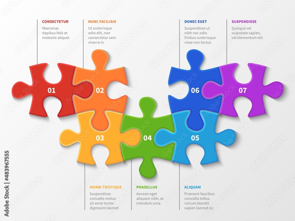 Realistic puzzle. Colorful joined pieces. Division segments. Marking ...