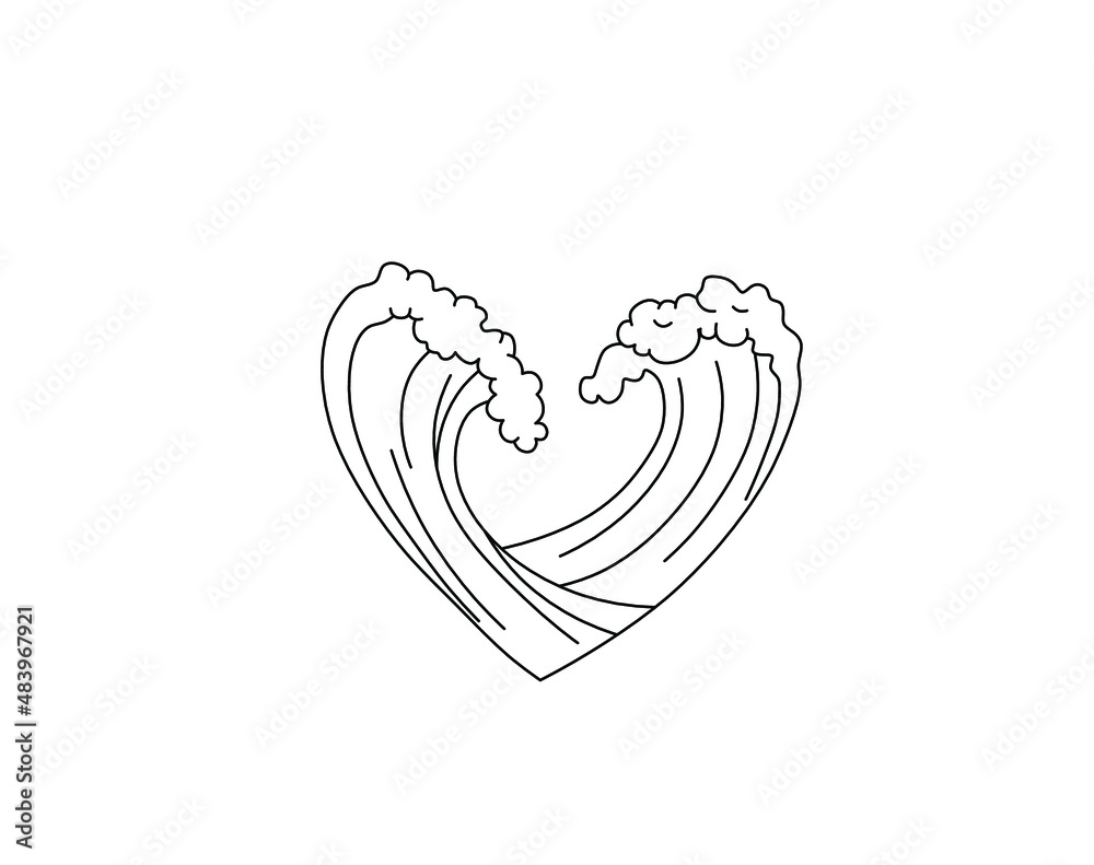 Vector isolated sea wave in heart shape, heart ocean wave colorless ...