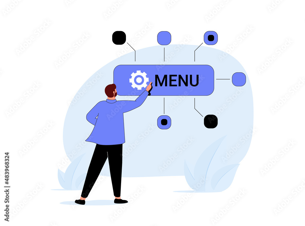 Man Pushing Gearwheel Button And Looking At Dropdown Menu Concept Of Range Of Options Choosing