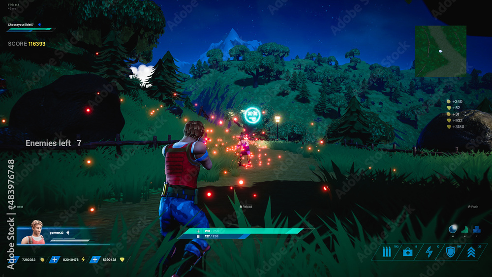 Shot of Night Video Game Mock-up Concept. Gameplay of 3D Third Person ...