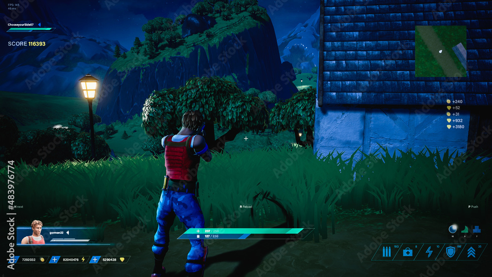 Shot of Night Video Game Mock-up Concept. Gameplay of 3D Third Person ...