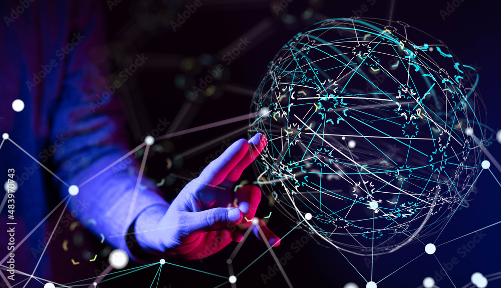 Global network. Blockchain. 3D illustration. Neural networks and ...