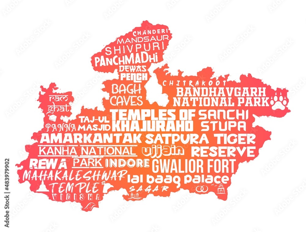 Madhya Pradesh, India high resolution vector map with famous monuments ...