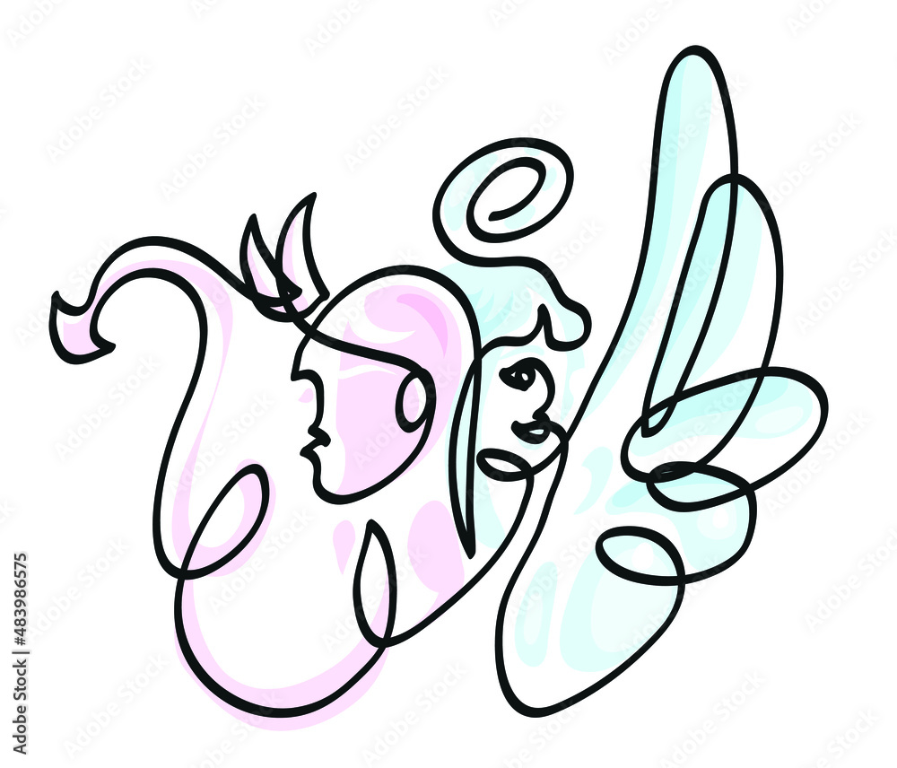 One line drawing of devil and angel One continuous line drawing of ...
