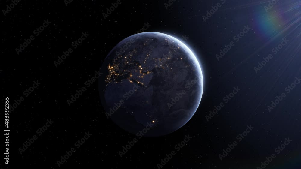 Flying to the Dark Side of the Earth, Lights of Night Cities. Planet ...
