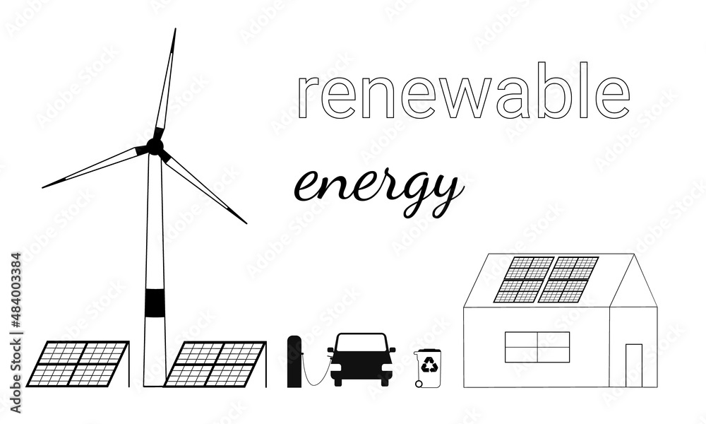 Hand drawn set of illustrations showing how to use renewable energy ...