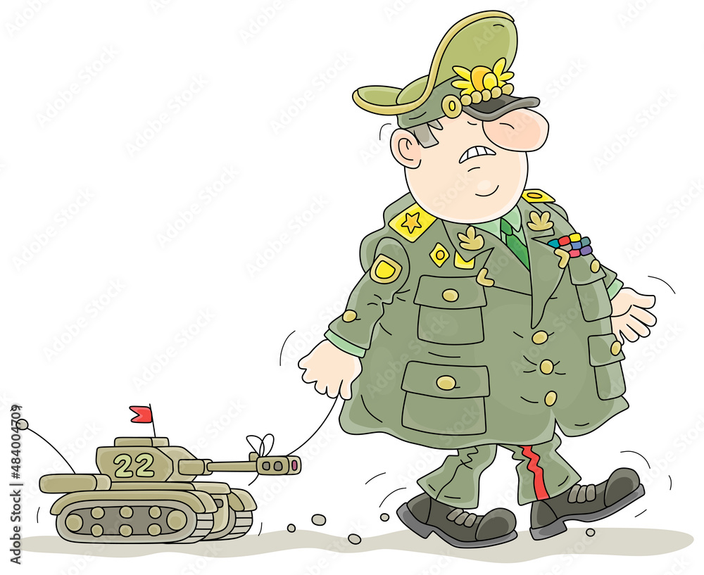 Fat and angry general in army uniform walking and pulling a toy tank ...