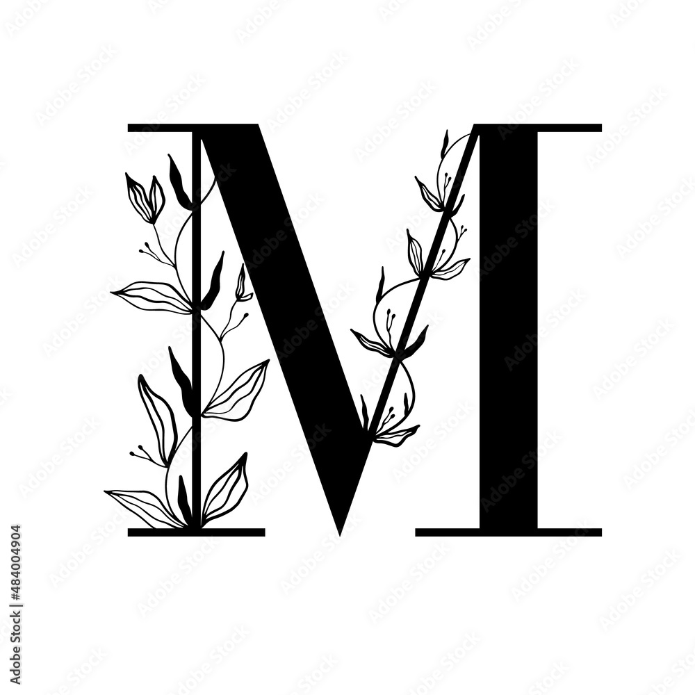 Floral botanical alphabet. Vintage hand drawn monogram letter M. Letter ...
