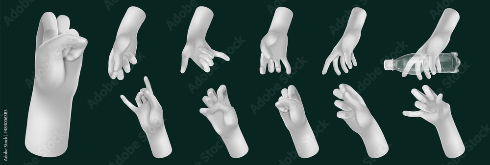 Set of cartoon 3d hands . Hand group. Peace sign, ok sign tap, point ...