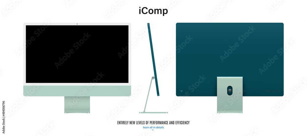 computer monitor green color with black screen saver front, back and ...