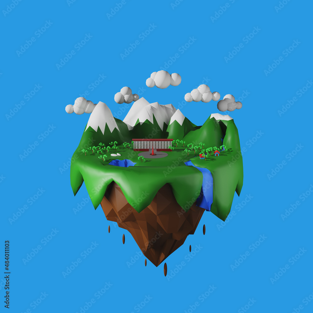 Fantasy floating island with a hotel in the sky, surreal flying island ...