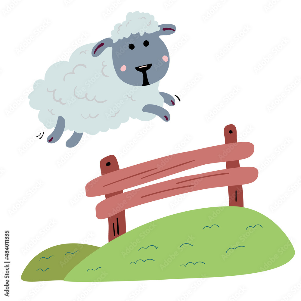 Cute cartoon sheep jumping over fence. Counting sheep to fall asleep ...