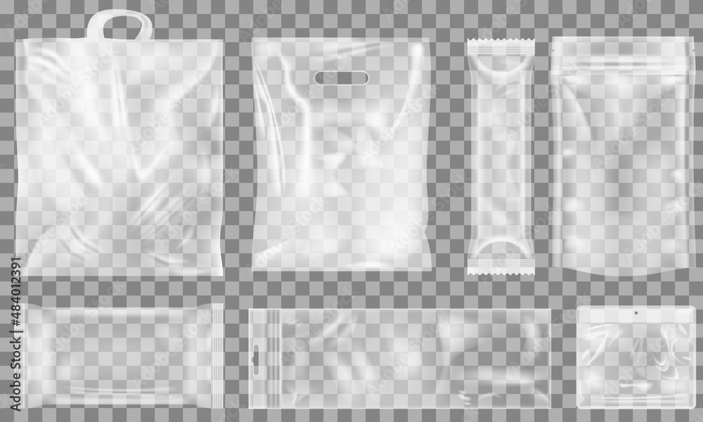 Transparent plastic bag set with handle vector illlustration. Glossy ...