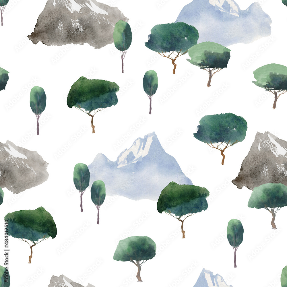 mountain digital paper, watercolor forest tree seamless pattern ...
