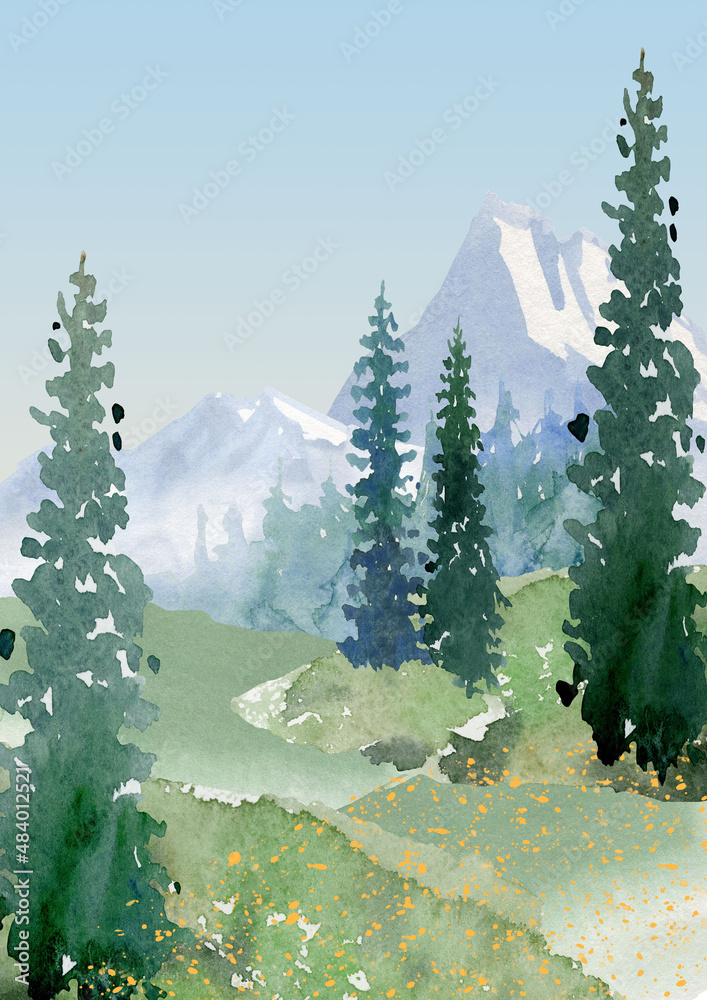 landscape clipart, watercolor mountain lake clipart, forest background ...