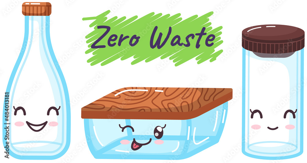 Zero waste poster in cute kawaii style. Reuse of plastic, save planet ...