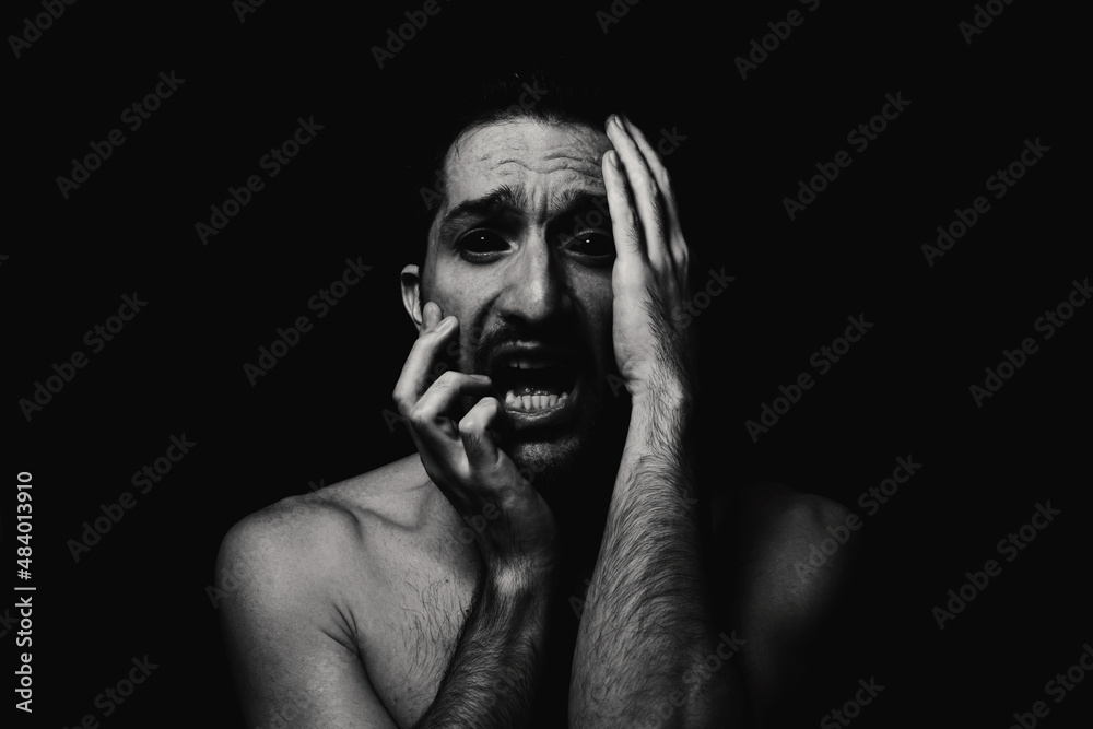 Male portrait in horror style. Black-white male portrait on a black ...
