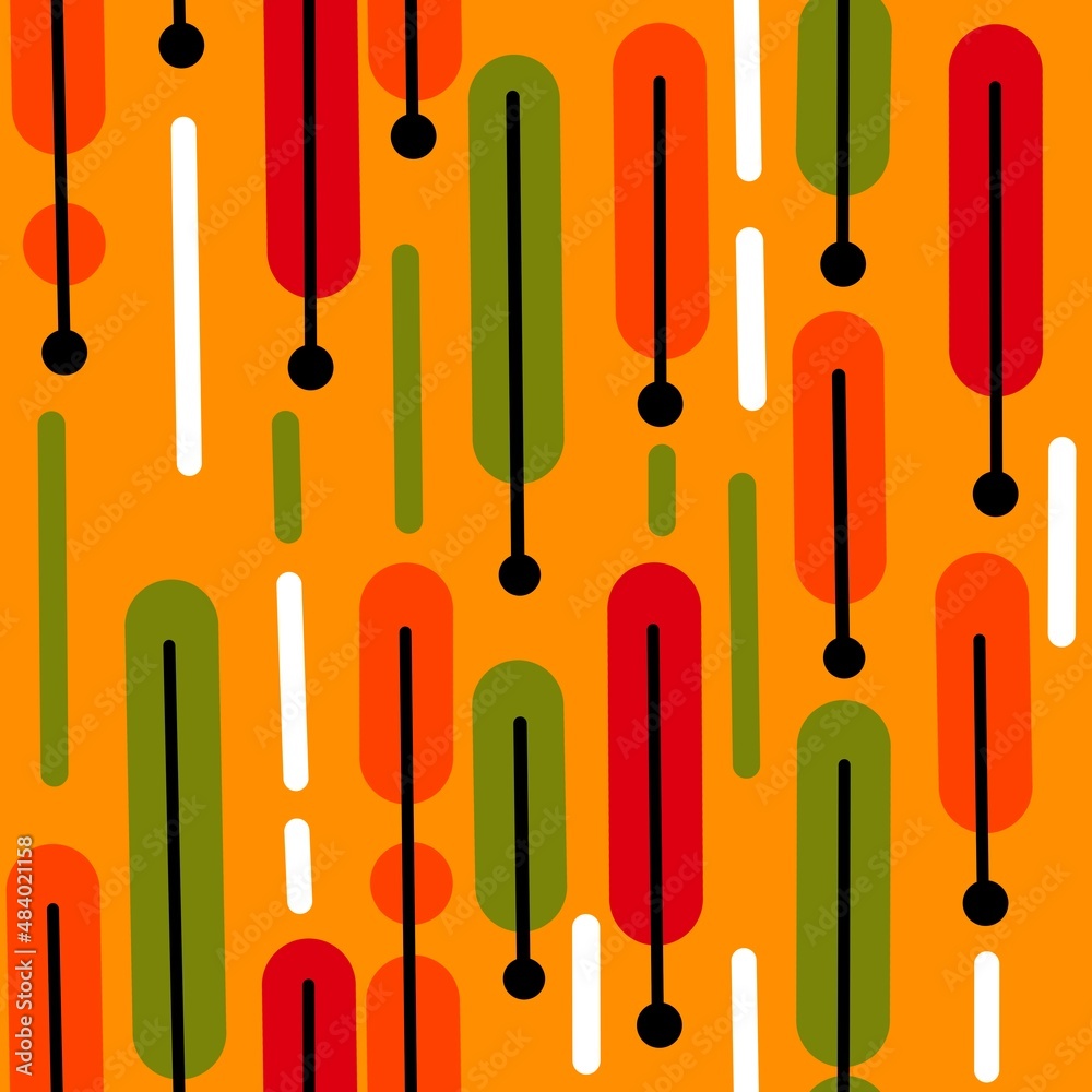 Seamless hand drawn mid century modern pattern in red green orange ...