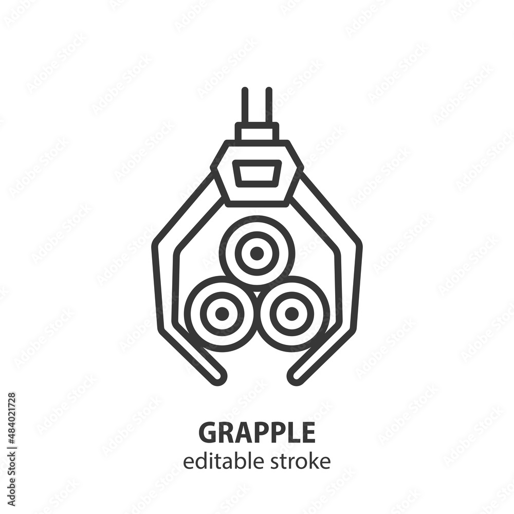 Grapple line icon. Clamshell crane grabbed the logs. Logging, sawmill ...