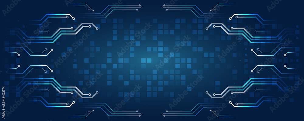 Blue background with various technological elements. Hi-tech computer ...