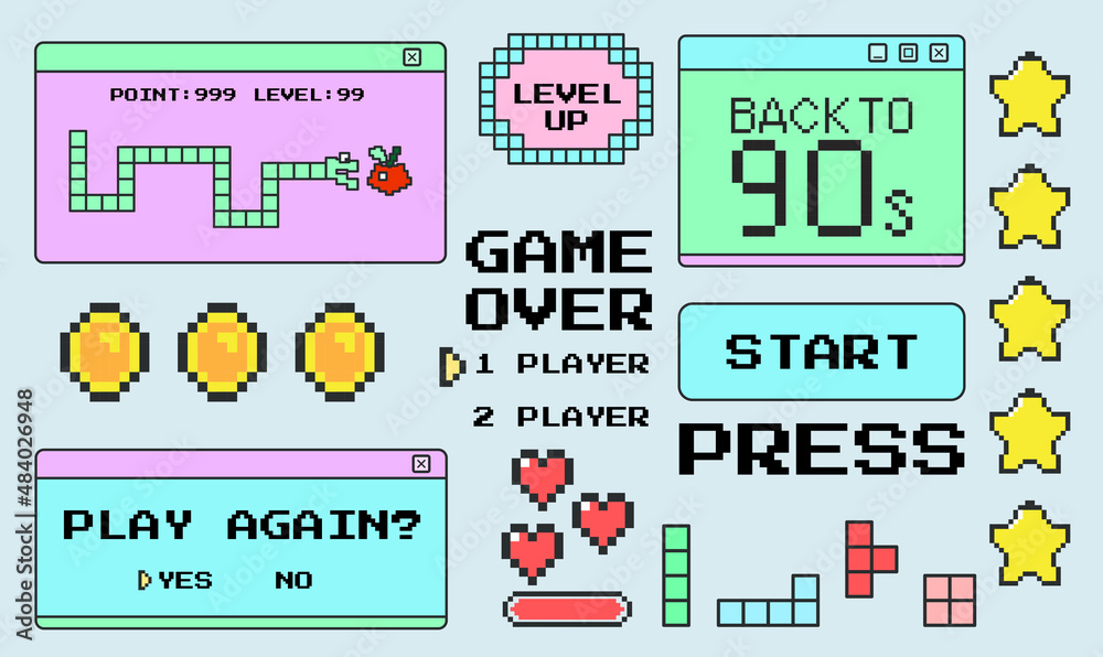 Set of game user interface elements, pixel style, retro games, picel coin, stars. Design concept ...