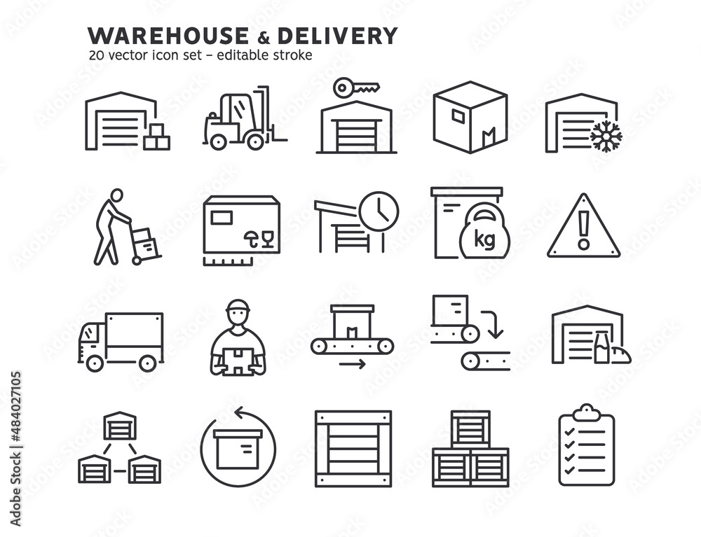 Warehouse and delivery line icons set. Warehouse worker, delivery van ...