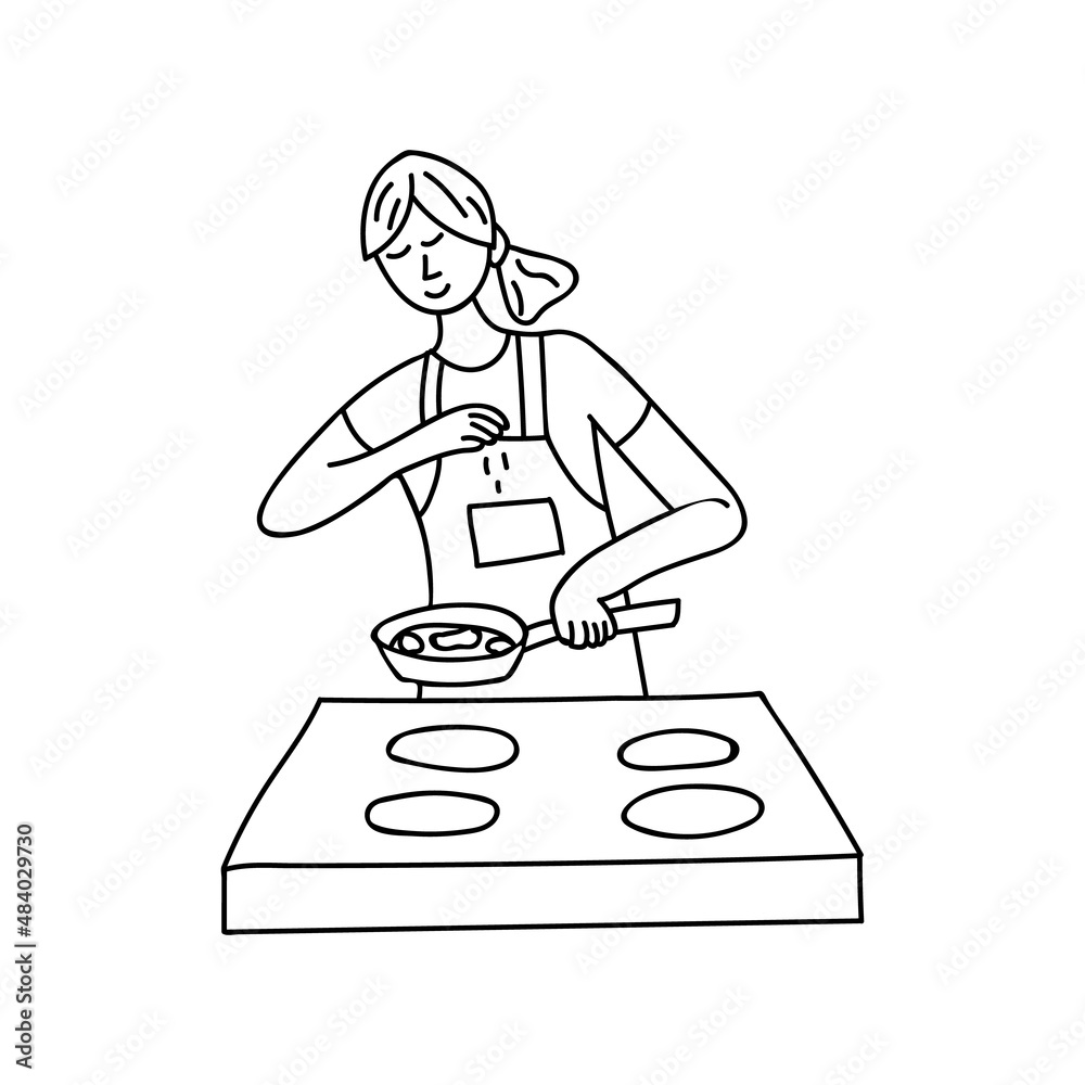 Woman cooking in kitchen doodle illustration in vector. Hand drawn ...