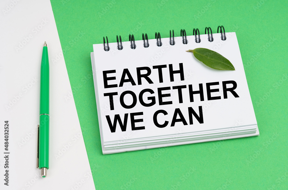 On a white-green background lies a pen, a leaf of a plant and a notepad ...