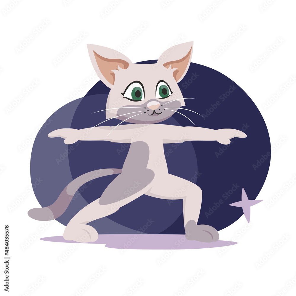 Cat doing Warrior II pose. Anthropomorphic animal in cartoon style ...
