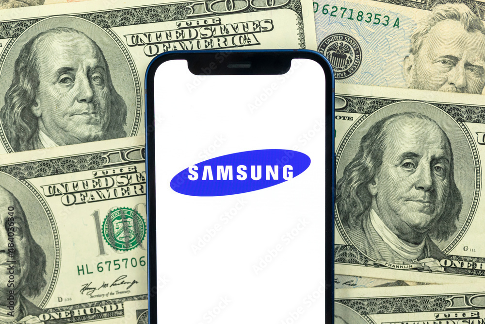 Samsung logo. Dollar bills background. Business company and money ...