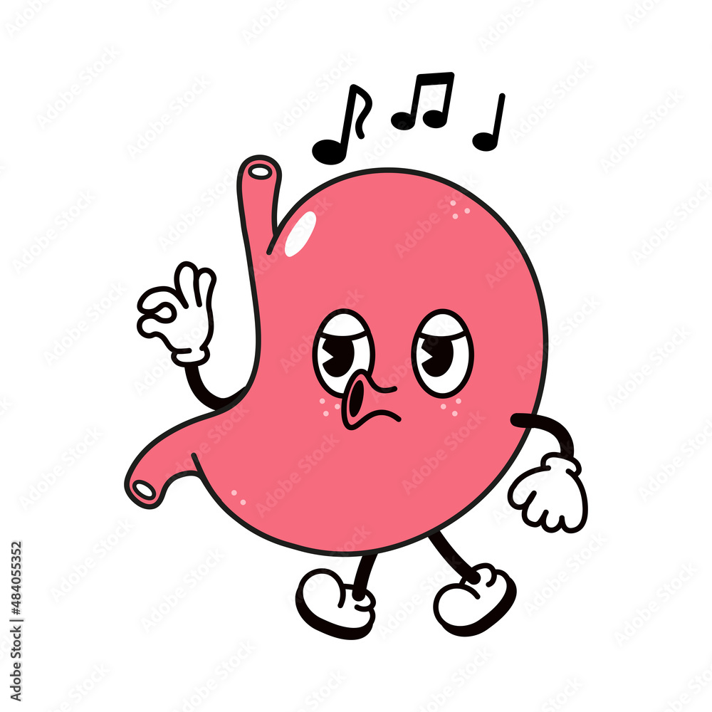 Cute funny stomach walking singing character. Vector hand drawn ...