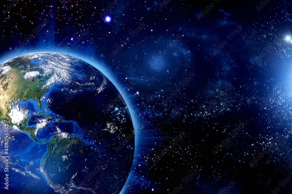 Earth planet in deep space. Outer dark space. Night on planet with ...