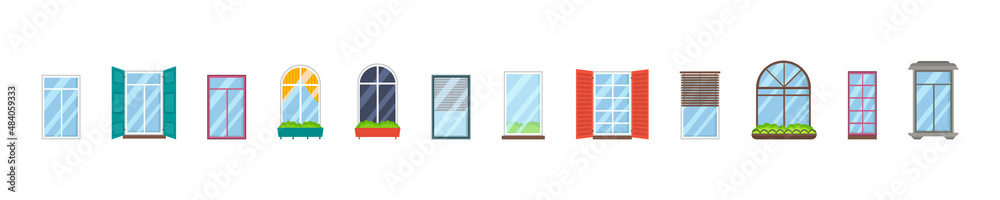 Set of realistic glass transparent plastic windows with window sills ...