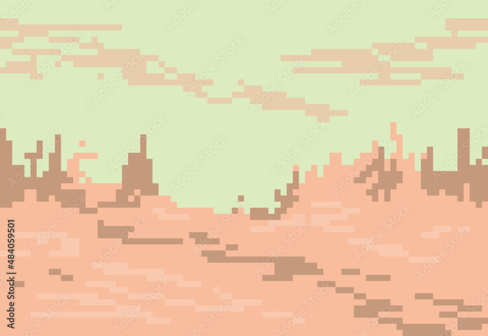 Abstract background with bright daylight colored landscape in pixel art ...