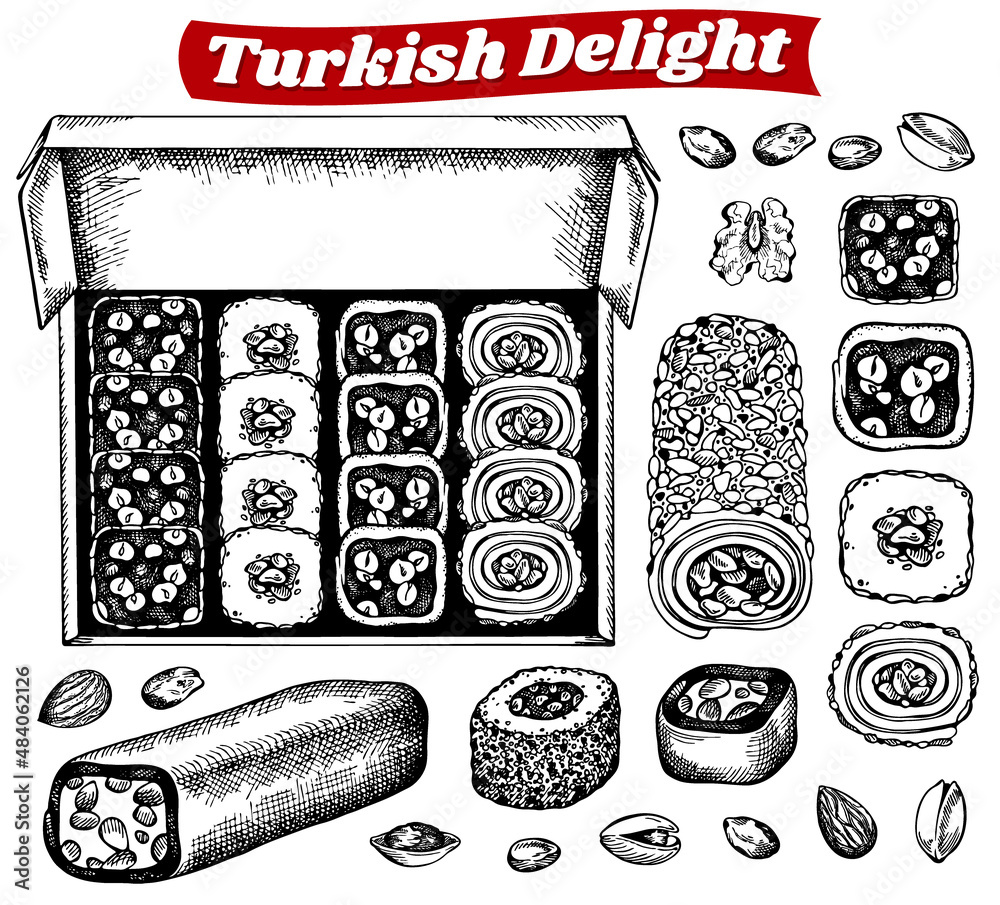 Sketch hand drawn Turkish delight isolated on white background. Outline ...