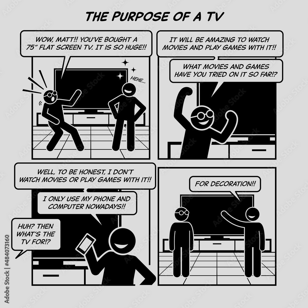 Funny comic strip. The purpose of TV. Man showing off his new big TV ...