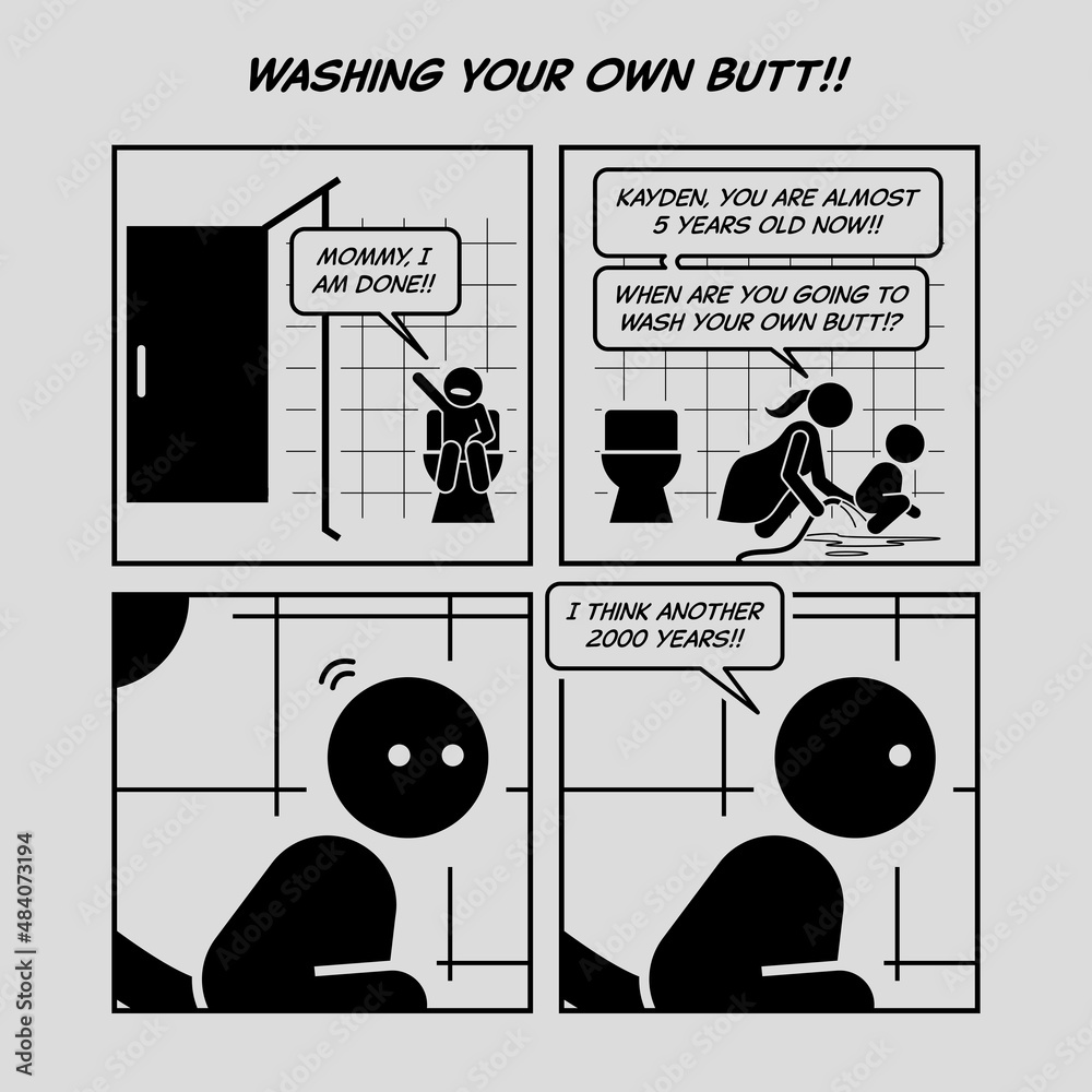 Funny comic strip. Washing your own butt. Little boy calling his mother ...