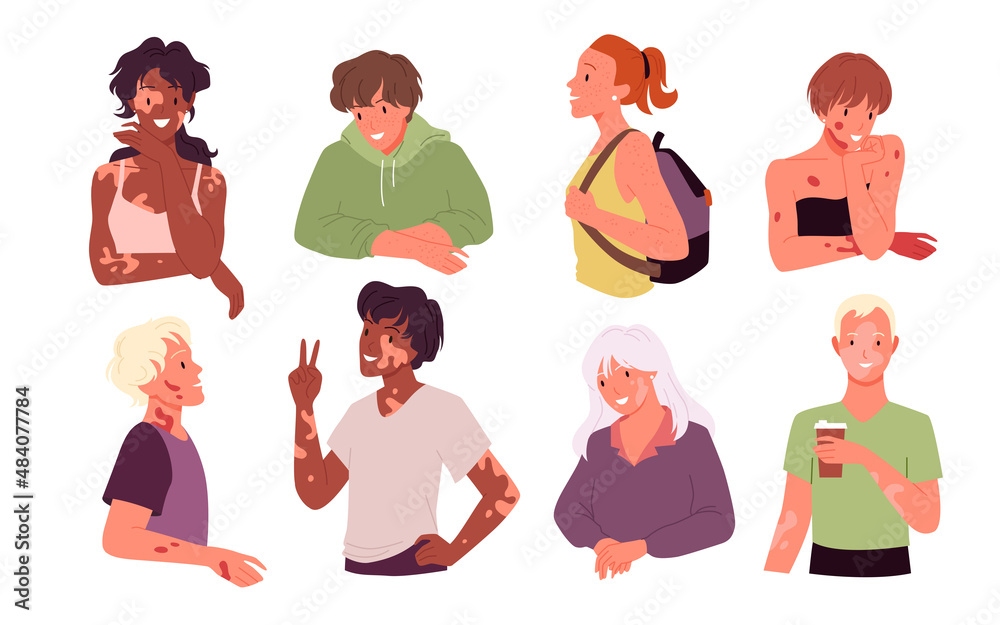 Cartoon happy female and male characters with acne, melasma pigment ...